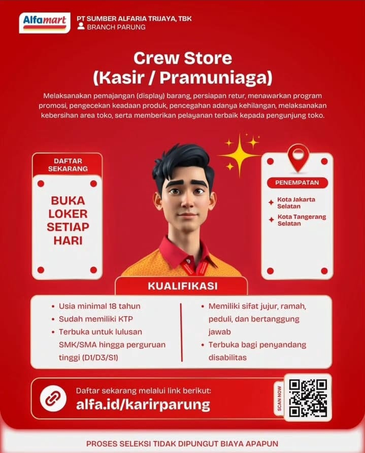 Lowongan Kerja Crew Store (Kasir/Pramuniaga) Alfamart di Jakarta ...
