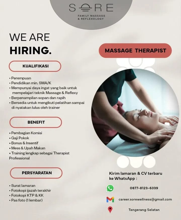 Lowongan Kerja Massage Therapist Sore Family Massage & Reflexology di ...