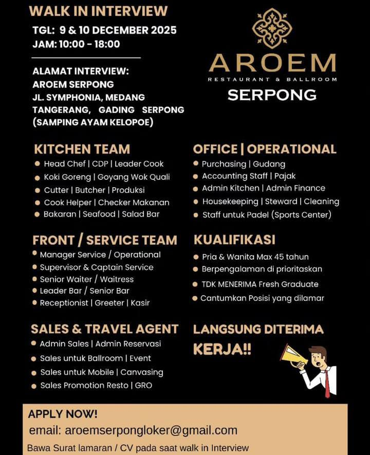 Lowongan Kerja Aroem Serpong – Walk In Interview 9–10 Desember 2025 ...