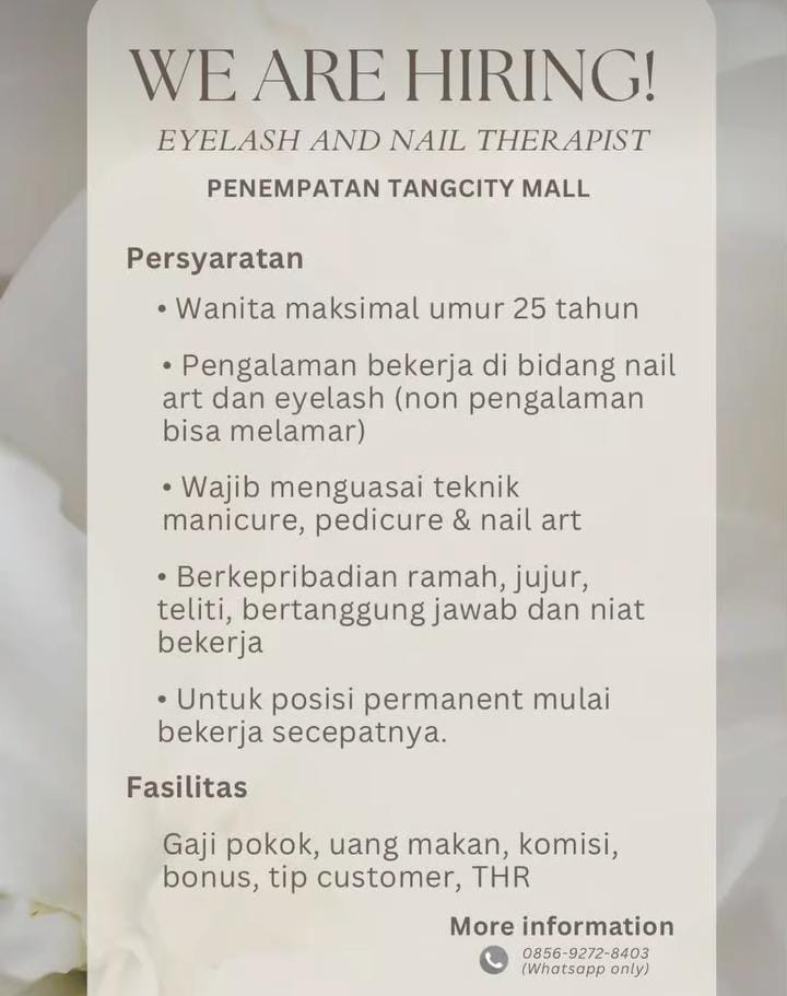 Lowongan Kerja Eyelash & Nail Therapist di Tangcity Mall – Loker ...
