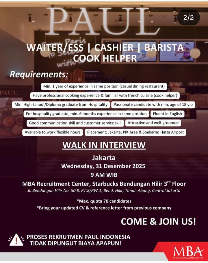 Walk-In Interview Jakarta: Lowongan Kerja PAUL Indonesia Banyak Posisi ...