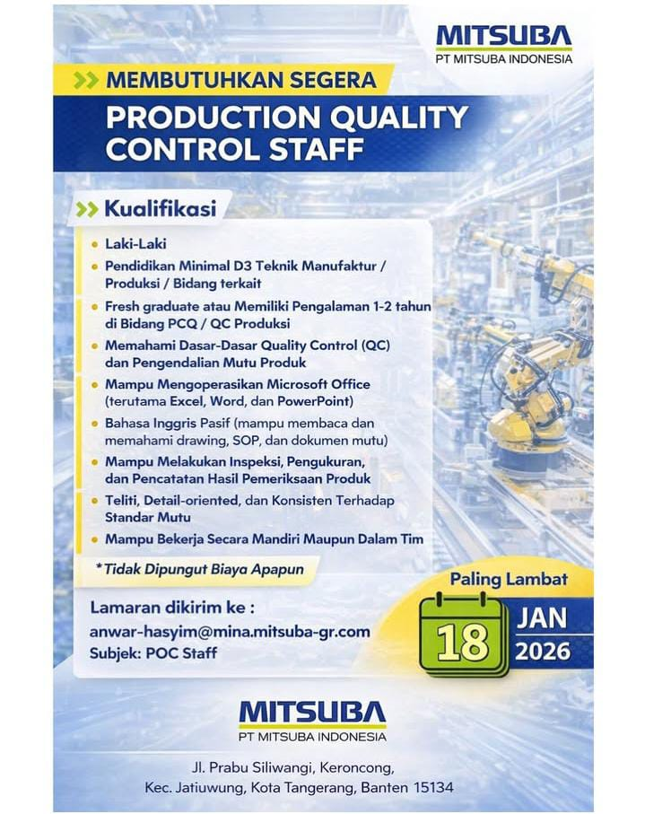 Lowongan Kerja Production Quality Control Staff PT Mitsuba Indonesia ...