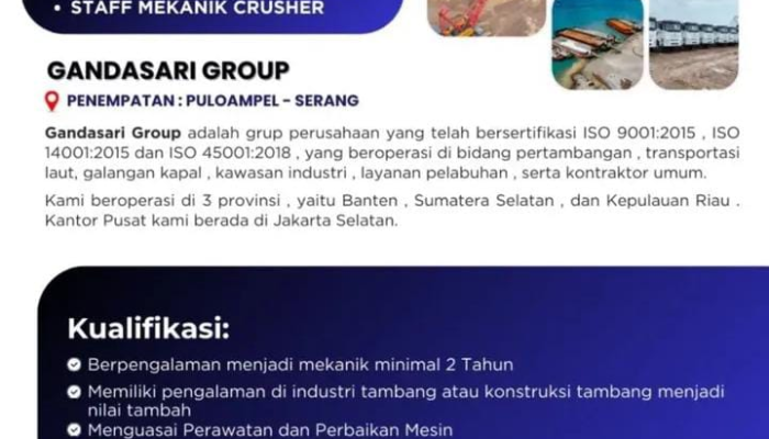 Lowongan Kerja Gandasari Group 2026: Staff Mekanik Penempatan Serang ...