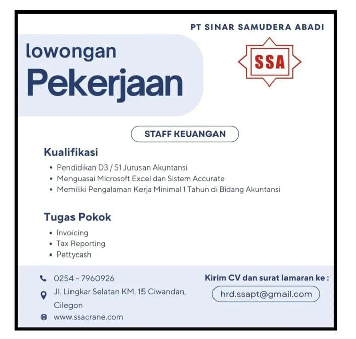 Lowongan Kerja Staff Keuangan PT Sinar Samudera Abadi Cilegon 2026 ...