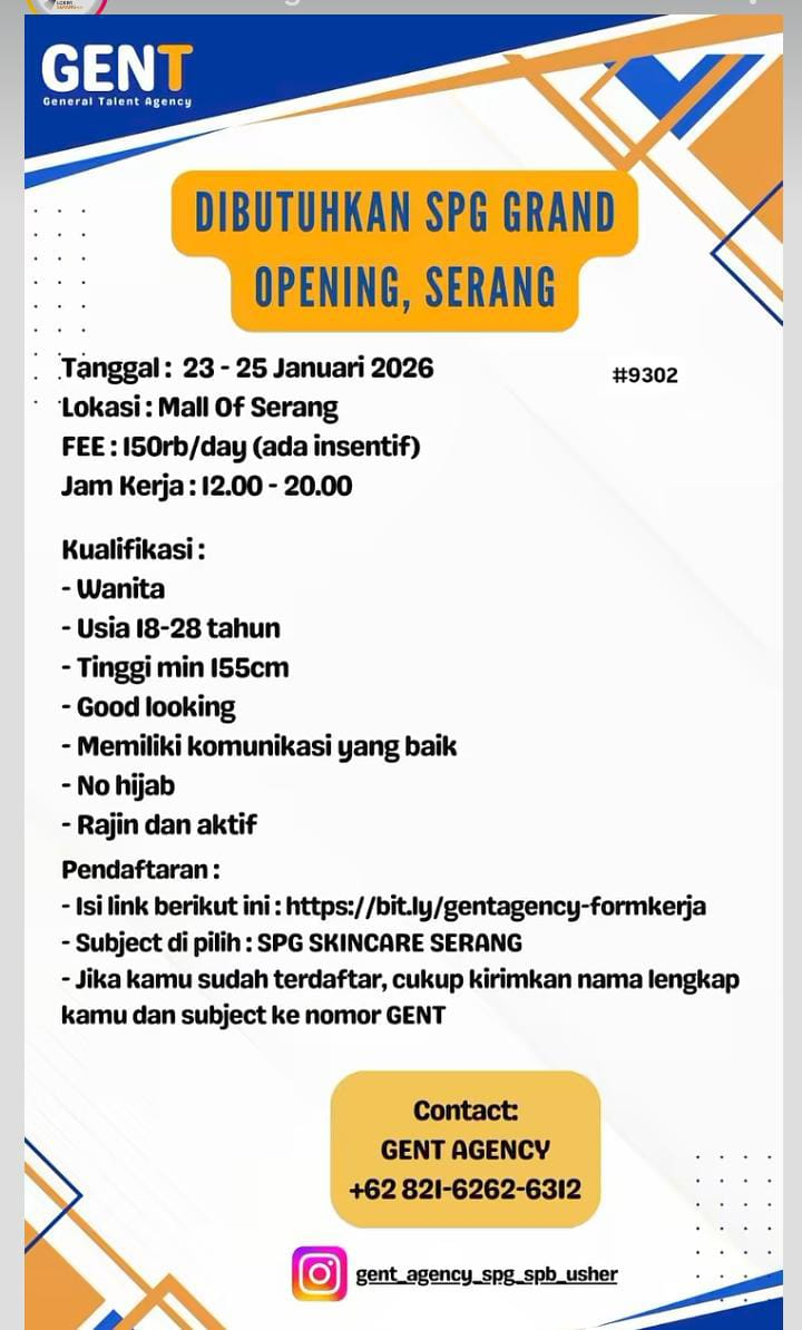 Lowongan Kerja SPG Grand Opening GENT Agency – Mall of Serang 2026 ...