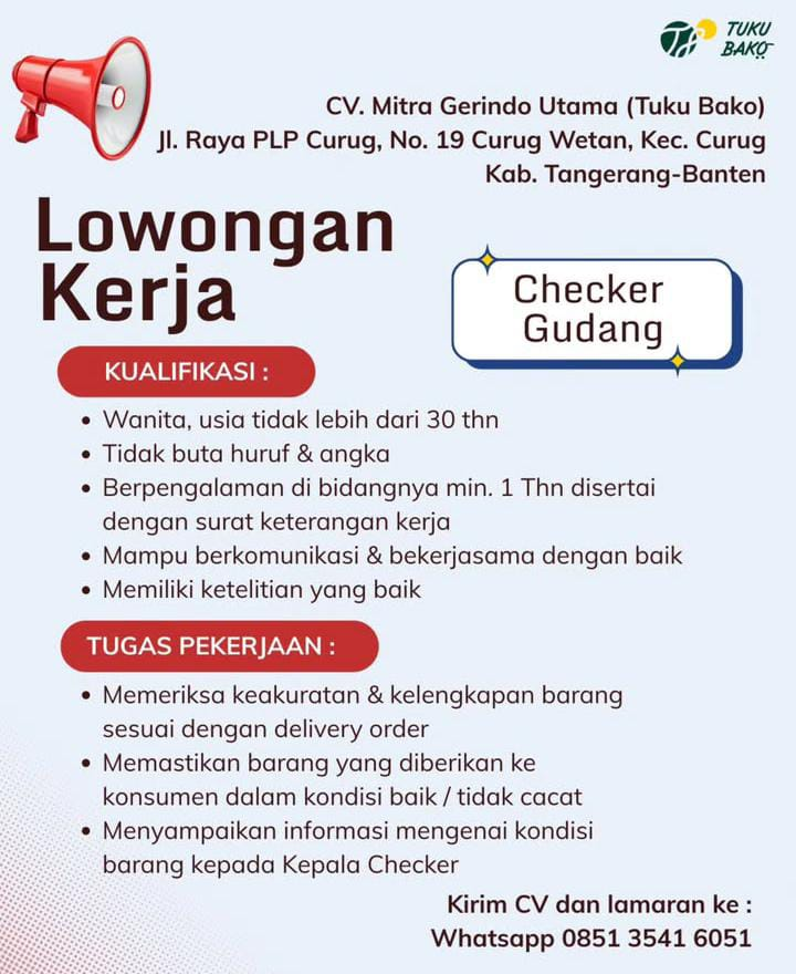 Lowongan Kerja Checker Gudang CV. Mitra Gerindo Utama (Tuku Bako) 2026 ...