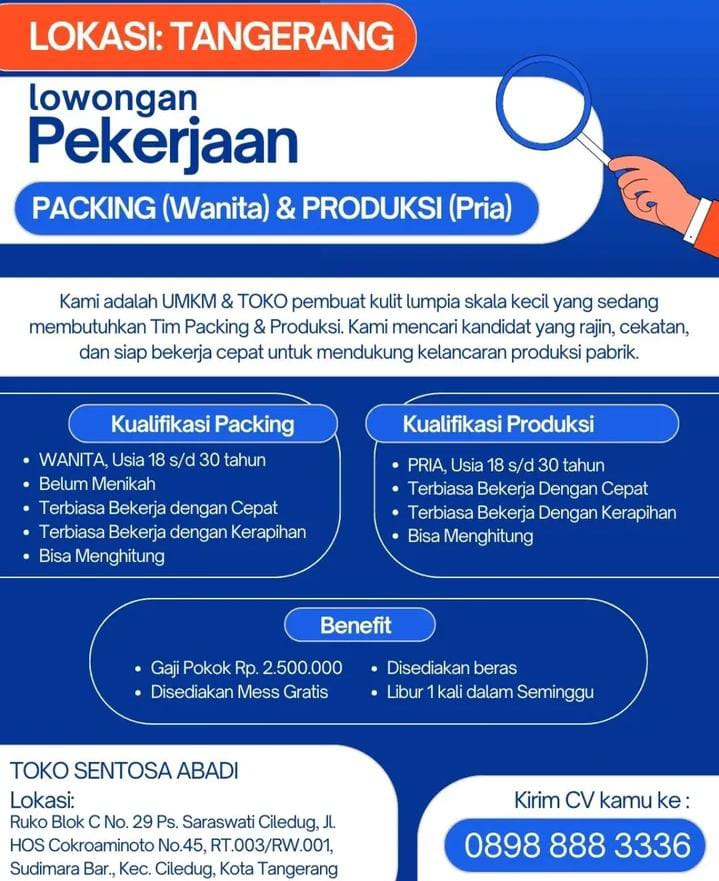 Lowongan Kerja Packing & Produksi Toko Sentosa Abadi 2026 - Gapok Rp 2 ...