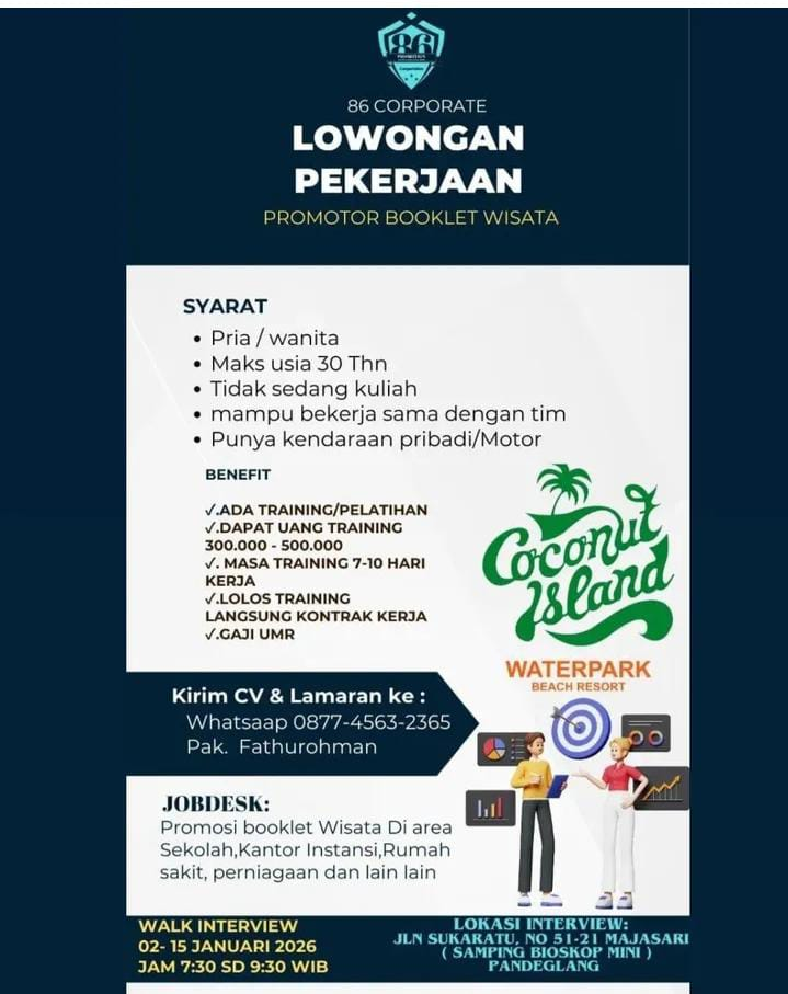 Lowongan Kerja Promotor Booklet Wisata 86 Corporate Pandeglang 2026 ...