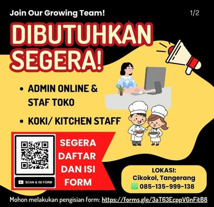 Lowongan Kerja Terbaru Cikokol 2026: Admin Online, Staf Toko, dan Koki ...