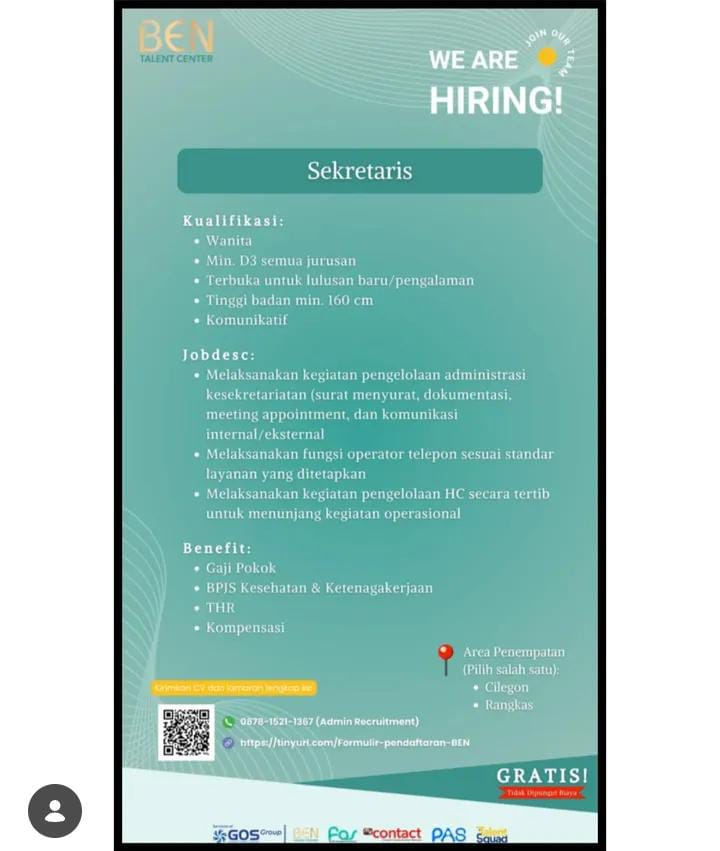 Lowongan Kerja Sekretaris BEN Talent Center 2026: Penempatan Cilegon ...