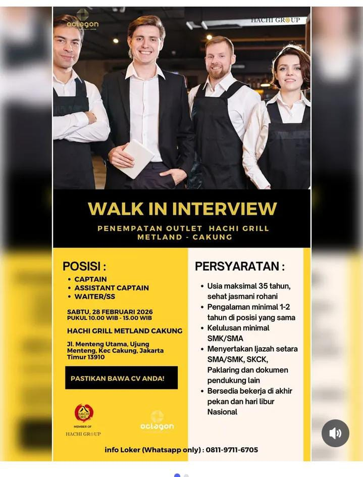 Lowongan Kerja Hachi Grill Metland 2026: Walk In Interview Captain ...