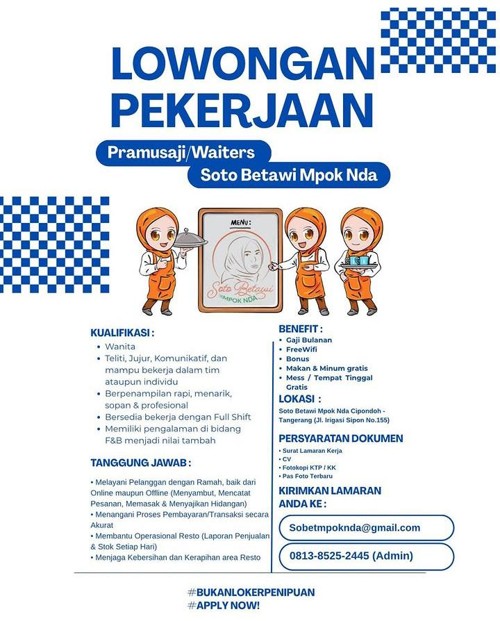 Lowongan Kerja Soto Betawi Mpok Nda 2026: Pramusaji/Waiters ...