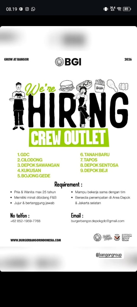 Lowongan Kerja Crew Outlet Burger Bangor (BGI) 2026 - LOKERSERANG.NET