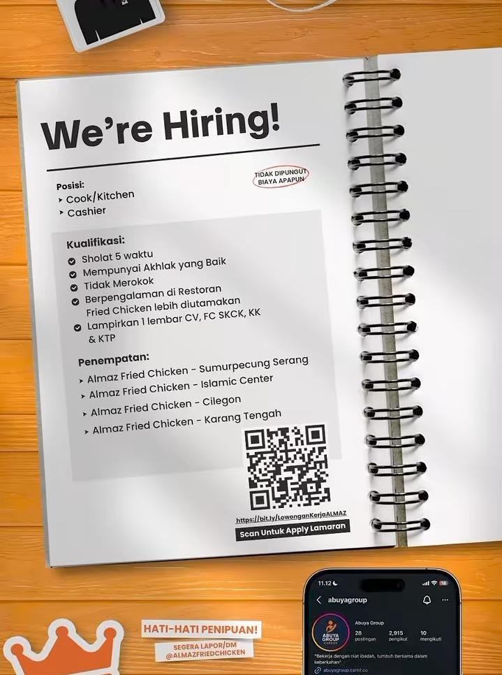 Lowongan Kerja Almaz Fried Chicken 2026: Cook/Kitchen & Cashier Serang ...