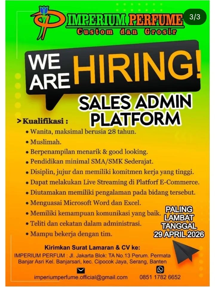Lowongan Kerja Imperium Perfume Serang 2026: Sales Admin, Digital ...