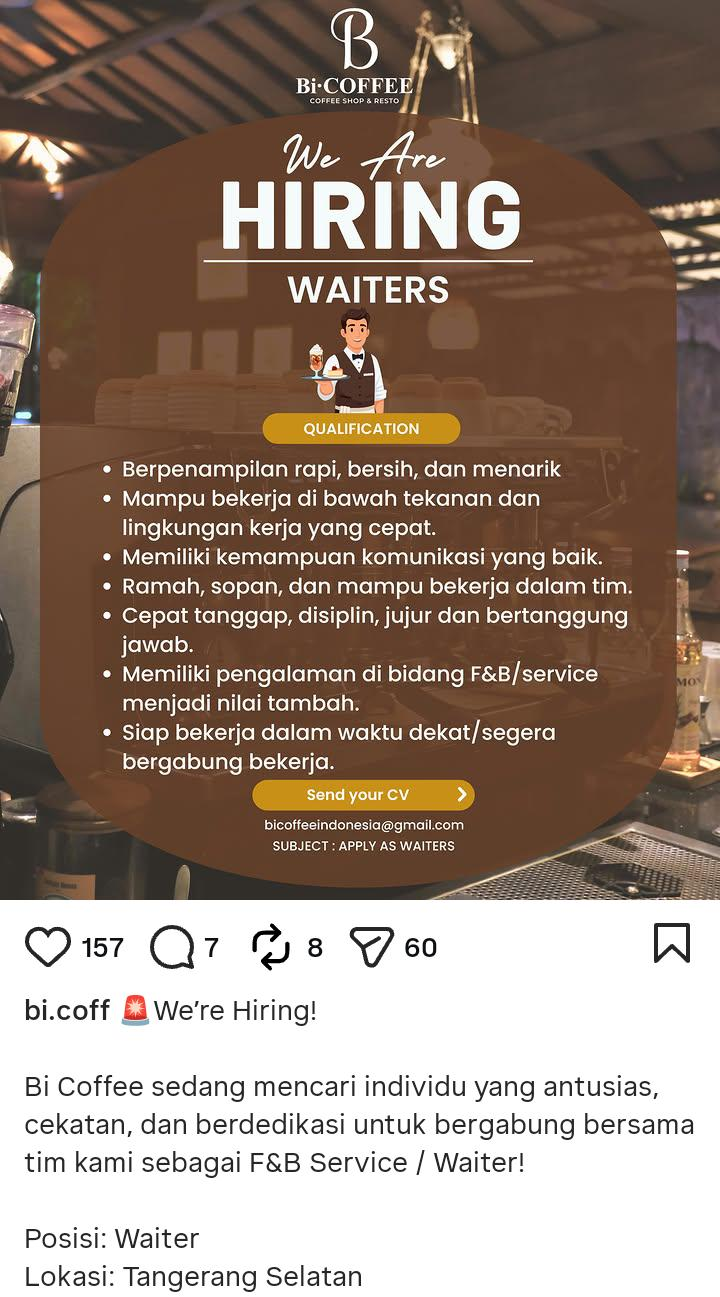 Lowongan Kerja Waiter di Bi Coffee Terbaru 2026 - Tangerang ...