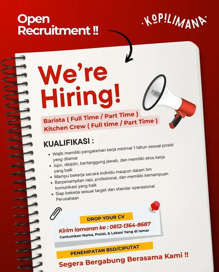 Loker Barista Kitchen Crew Kopi Limana BSD Ciputat Terbaru 2026 ...