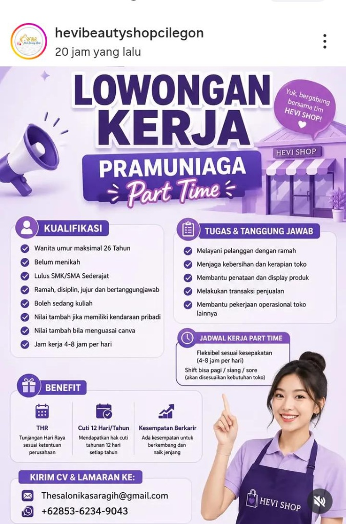 Lowongan Kerja Pramuniaga Part Time Hevi Shop Cilegon Terbaru 2026 ...