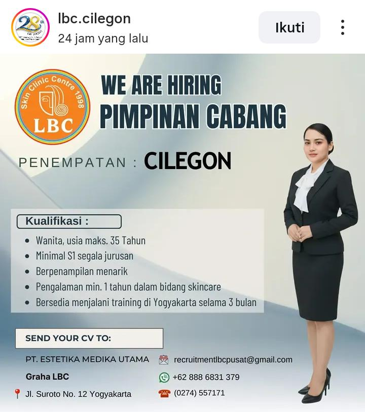 Loker Cilegon Terbaru: Lowongan Kerja Pimpinan Cabang LBC Skin Clinic ...