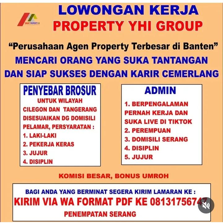 Lowongan Kerja Property YHI Group Banten: Dibuka Posisi Penyebar Brosur ...